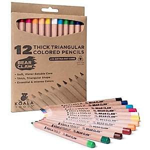 Koala Tools - Bear Claw Colored Pencils for Adults and Kids, Water Soluble Color Pencils with Triangular Grip for Art and Shading, Large Coloring Pencils, Pack of 12