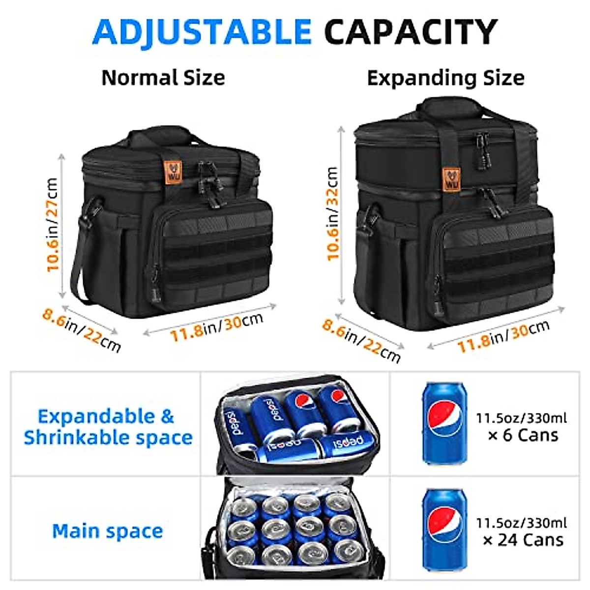 WU Insulated Large Lunch Bag 15L 18L Adjustable Dry Wet Separation Lunch Box Heavy Duty Waterproof Leakproof Soft Cooler Food Bag Kit, Black