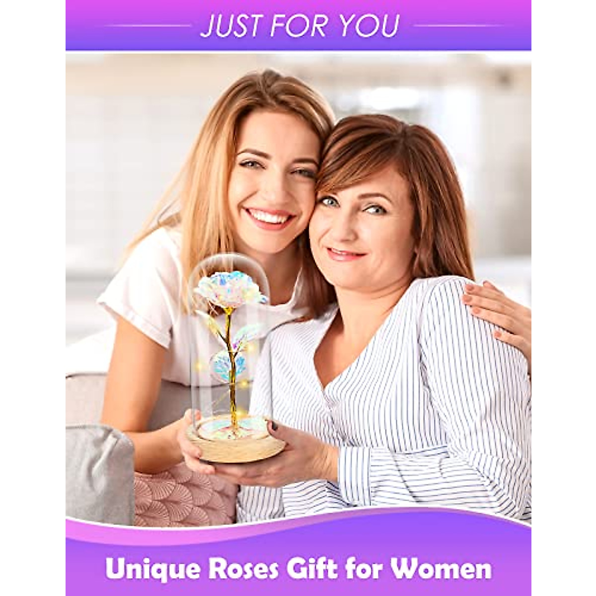Beferr Gifts for Women, Birthday Gifts Galaxy Glass Rose Crystal Flower Gift Light Up Rose in Glass Dome, Colorful Rainbow Artificial Flower Rose Gifts for Her Mom Grandma Sister Wife Friends