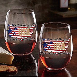Pishovi USA Land of The Free Because of The Brave Wine Glass with Gift Box, Funny Flag Stemless Wine Glass, Memorial Day Gift, Day of Honor Retirement Gifts for Dad Grandpa Veteran Gifts
