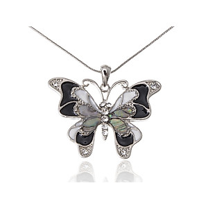Alilang Silvery Tone Abalone Colored Stones Black White Butterfly Pendant Necklace