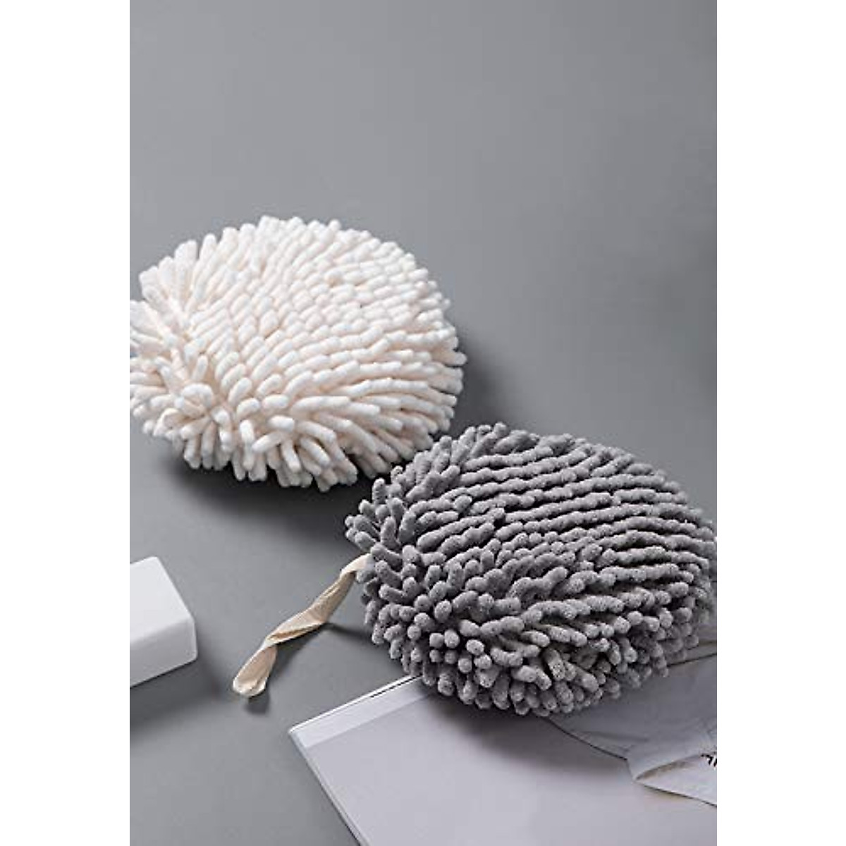 MAYITBE Soft Absorbent Chenille Hand Towels, Decorative Hanging Fuzzy Towels Ball, Thick Drying Cloth Hand Towel for Home Kitchen & Bathroom (Grey*2)