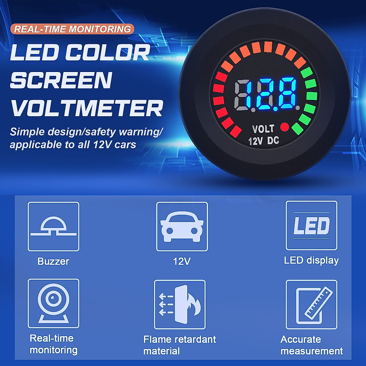 2 Pcs DC 12V Waterproof LED Digital Display Voltage Gauges Round Panel Car Voltmeters with Terminals Waterproof Voltmeter Battery Tester with Blue Light for Boat Marine Car Motorcycle