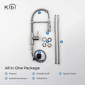 KIBI Aurora Single Handle Spring Pull Down Faucet for Kitchen Sink | Solid Brass High Arc Faucet Spout | Kitchen Faucet with Pull Down Sprayer (Brushed Nickel) (KKF2003) (Soap Dispenser included)