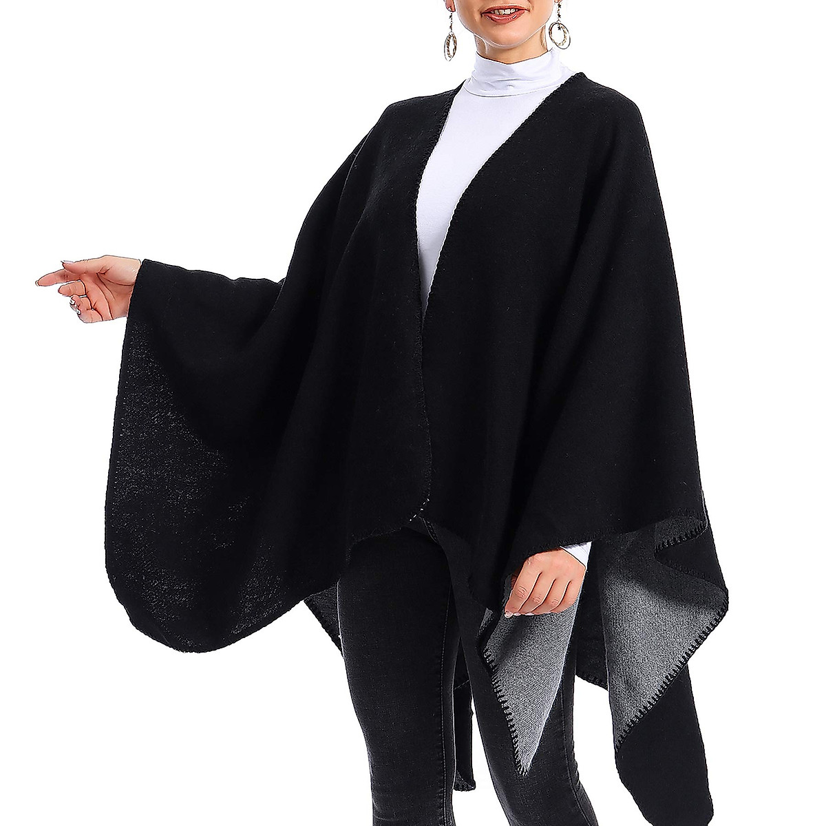 Zando Ponchos for Women Warm Shawl Wrap Open Front Poncho Winter Pashmina Shawl Printed Tassel Shawls Wrap Oversized Blanket Scarf Cape Plaid Cardigan Shawls Fashion Poncho Wrap Black Grey One Size