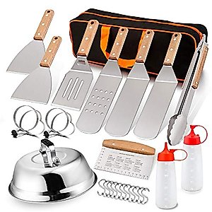 Leonyo Griddle Accessories Set of 16, Heavy Duty Stainless Steel Grill Griddle Metal Spatula for Cast Iron Flat Top Teppanyaki Hibachi Hamburger Cooking, Carry Bag, Chef Gift, Melting Dome, S Hook