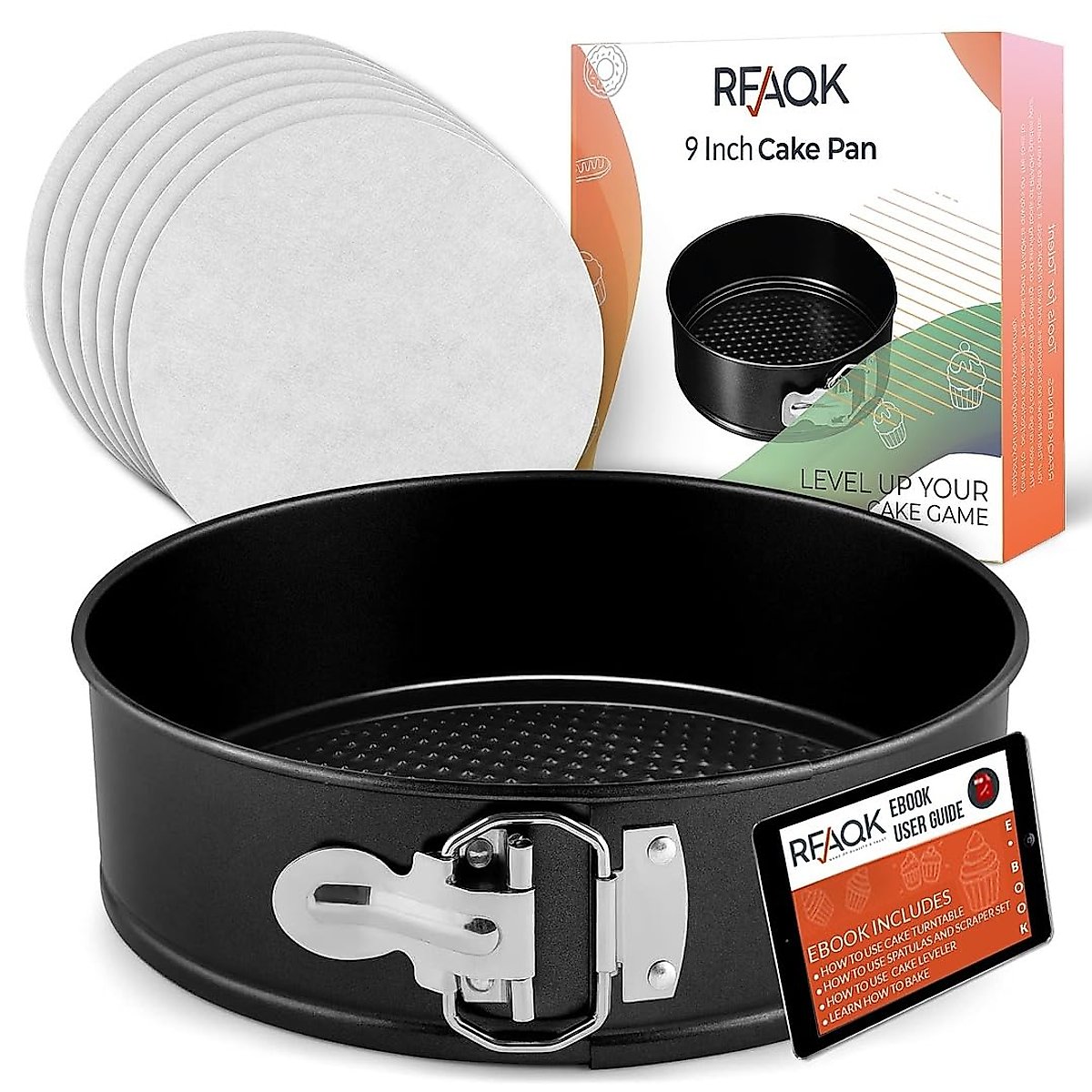 RFAQK Non-Stick 9 Inch Springform Pan - Spring form Pan for Cheesecake with Removable Bottom, Bonus Icing Spatula with 30 Pcs Parchment Paper & Recipe E-Book - Ideal for Baking Cakes, Pizzas, & More!
