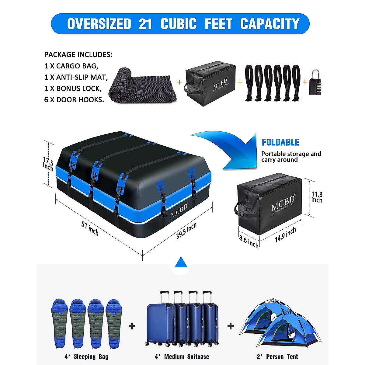 Rooftop Cargo Carrier, 21 Cubic Feet Soft-Shell Waterproof Car Roof Luggage Bag for All Vehicles SUV with/Without Rails, Includes 10 Reinforced Straps + 6 Door Hooks,Storage Bag,Anti-Slip Mat