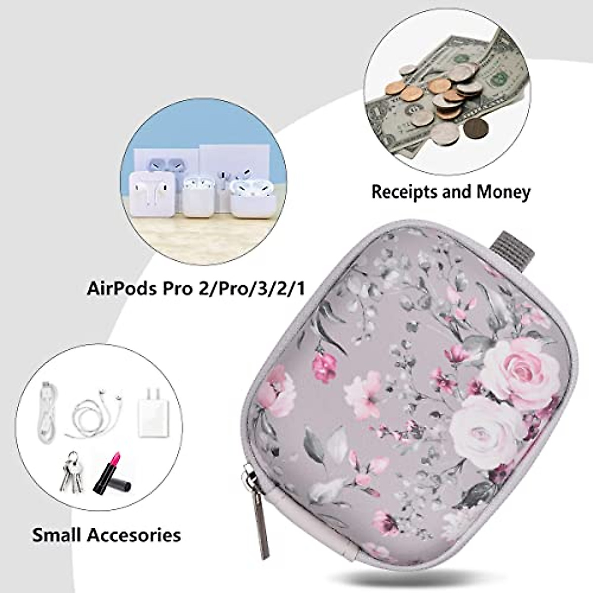 Earbud Case, AIRSPO Airpods Pro 2nd Generation Earphone Organizer Carrying Case Small Storage Bag Hard EVA Shockproof Cover with Carabiner Clip (Grey Pink Rose)