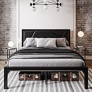 ONBRILL Full Size Modern Metal Bed Frame with Contemporary Faux Leather and Upholstered Headboard，No Box Spring Needed, Black