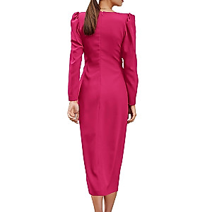 PRETTYGARDEN Women's Spring Fall Fashion Long Puff Sleeve Maxi Dresses V Neck Twist Front Formal Dress with Slit (Rose Red,Large)