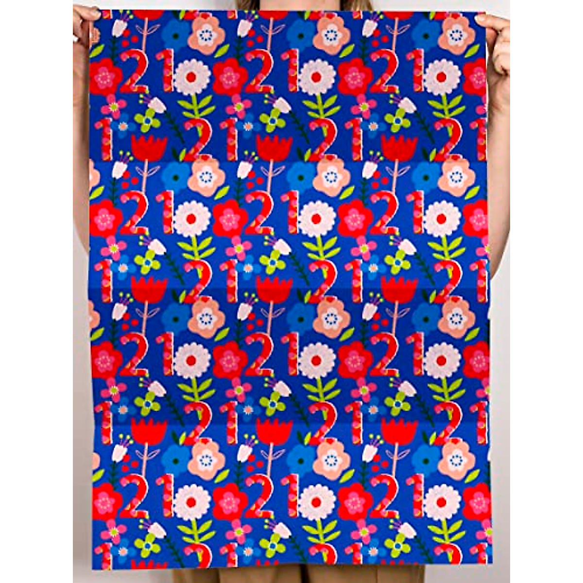 CENTRAL 23 Floral Wrapping Paper - 6 Sheet of Gift Wrap - 21st Wrapping Paper for Her Women Girls - Blue Red - For Girlfriend - Age 21 - Comes with Fun Stickers