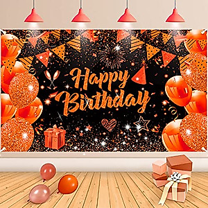 Orange Birthday Banner Decorations Large Orange Black Happy Birthday Banner Backdrop Orange Birthday Sign Photo Booth Background for Women Men Birthday Party Supplies 71x43Inch