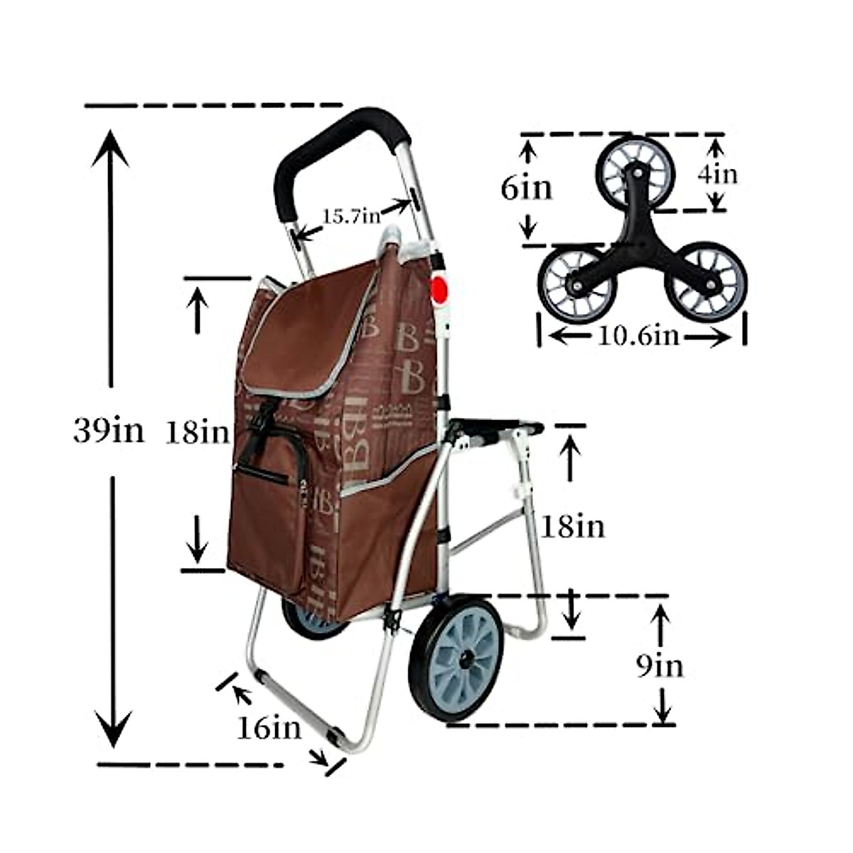 JFYOW Ultimate Adjustable Seat Back Shopping Cart with Stool - Durable Stainless Steel Frame, Nylon Storage Bag, Climbing Wheels, and Secure Cargo Straps.