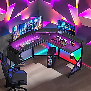 Fangflower L Shaped Computer LED Lights and Power Outlets, 51" Monitor Stand, Cup Holder, Corner Gaming Desk with Hooks for Home Office, Black