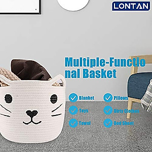 12''X10'' Woven Basket White Toy Storage Basket Cat Design | LONTAN Cotton Rope Basket Collapsible Baby Hamper Cute Bathroom Storage Basket for Clothes, Towels