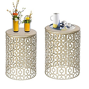 Adeco Metal Nesting Tables Set of 2, Round End Side Coffee Table Decorative Nightstands for Home Office Indoor and Garden Outdoor, Gold