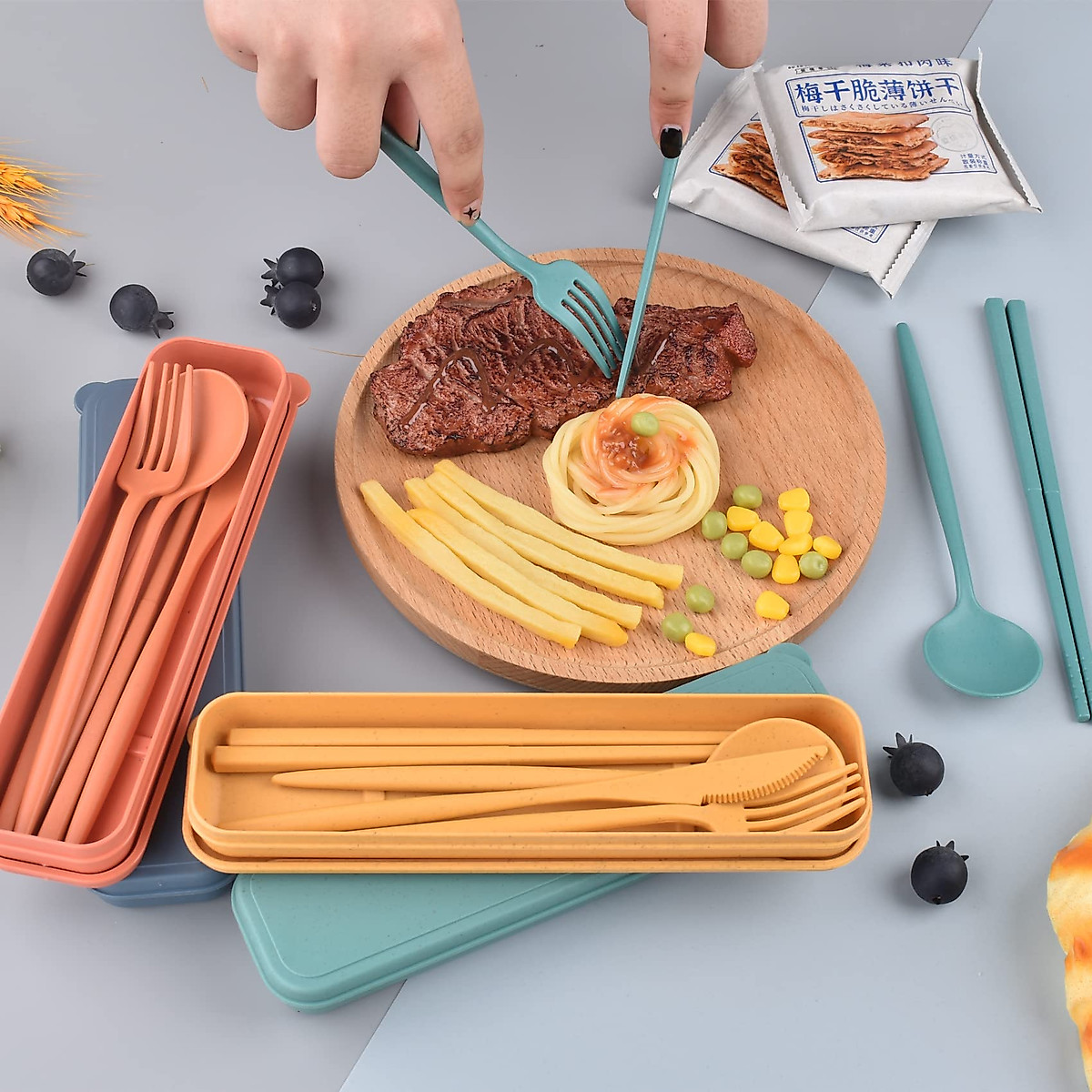 Travel Utensils with Case, Reusable Utensils Set with Case, Lunch Box Utensils Set Portable Utensils Set for Lunch Box School Picnic Travel Camping or Daily Use (4 Colors)