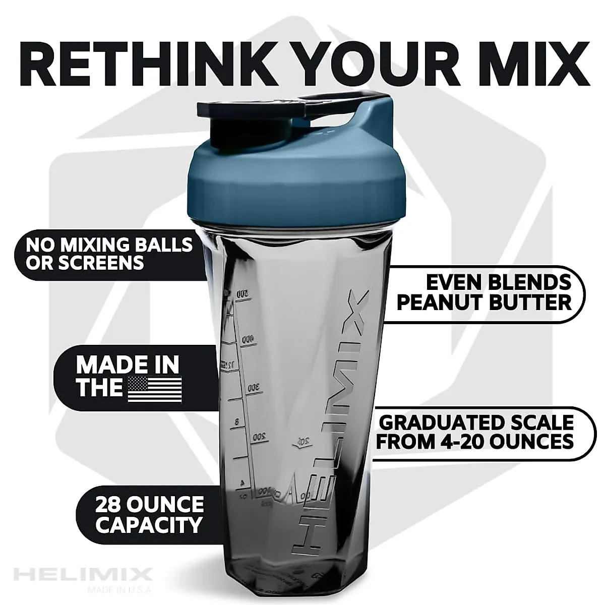 HELIMIX 2.0 Vortex Blender Shaker Bottle Upto 28oz | No Blending Ball or Whisk | USA Made | Portable Pre Workout Whey Protein Drink Shaker Cup | Mixes Cocktails Smoothies Shakes | Dishwasher Safe