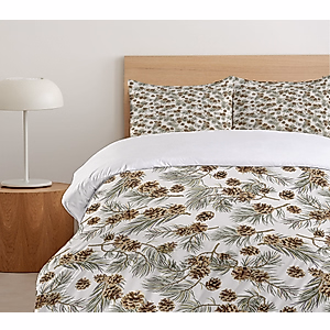 Lunarable Pinecone Duvet Cover Set, Scenery Illustration of Hand Painted Pine Tree Branches and Sepia Cone, Decorative 3 Piece Bedding Set with 2 Pillow Shams, King Size, Brown Green