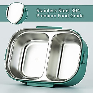 Lille Home 28oz Stainless Steel Leakproof 2-Compartment Bento Lunch Box/Portion Control Food Container with Lunch Bag and Cutlery Set, BPA Free (Green)