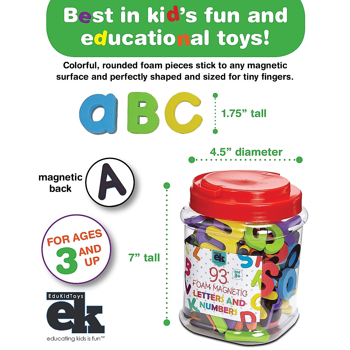 Magnetic Foam Letters and Numbers Premium Quality ABC, 93 Foam Alphabet Magnets | Educational Toy for Preschool Learning, Spelling, Counting in Canister