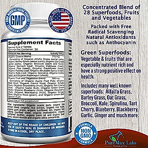 Fruit and Veggie Superfood Greens - 28 Fruits and Vegetables incl. Alfalfa, Barley Grass, Spirulina, Beet Root, Tart Cherry, Concentrated Natural Antioxidants- 60 Tablets