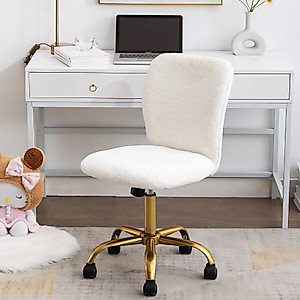 DUHOME Faux Fur Home Office Desk Chair, Modern Fluffy Fuzzy Vanity Chair with Wheels Golden Base Height Adjustable Swivel Task Chair for Girls Women, White & Faux Fur
