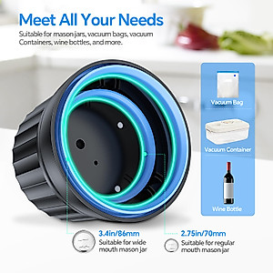 SHGMEET Electric Mason Jar Vacuum Sealer Kit for Wide Mouth and Regular Mouth Mason Jars, Vacuum Bags, Cordless Canning Vacuum Sealer for Food Storage Strong Suction, Black