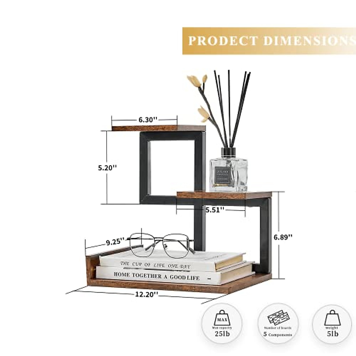 Gannyfer Wood Desktop Shelf - Freestanding Small Bookshelf Desk Supplies Organizers, 3 Tier Storage Display Rack Office Decor, Stand Shelves with Metal Frame for Books/Plants/Toys