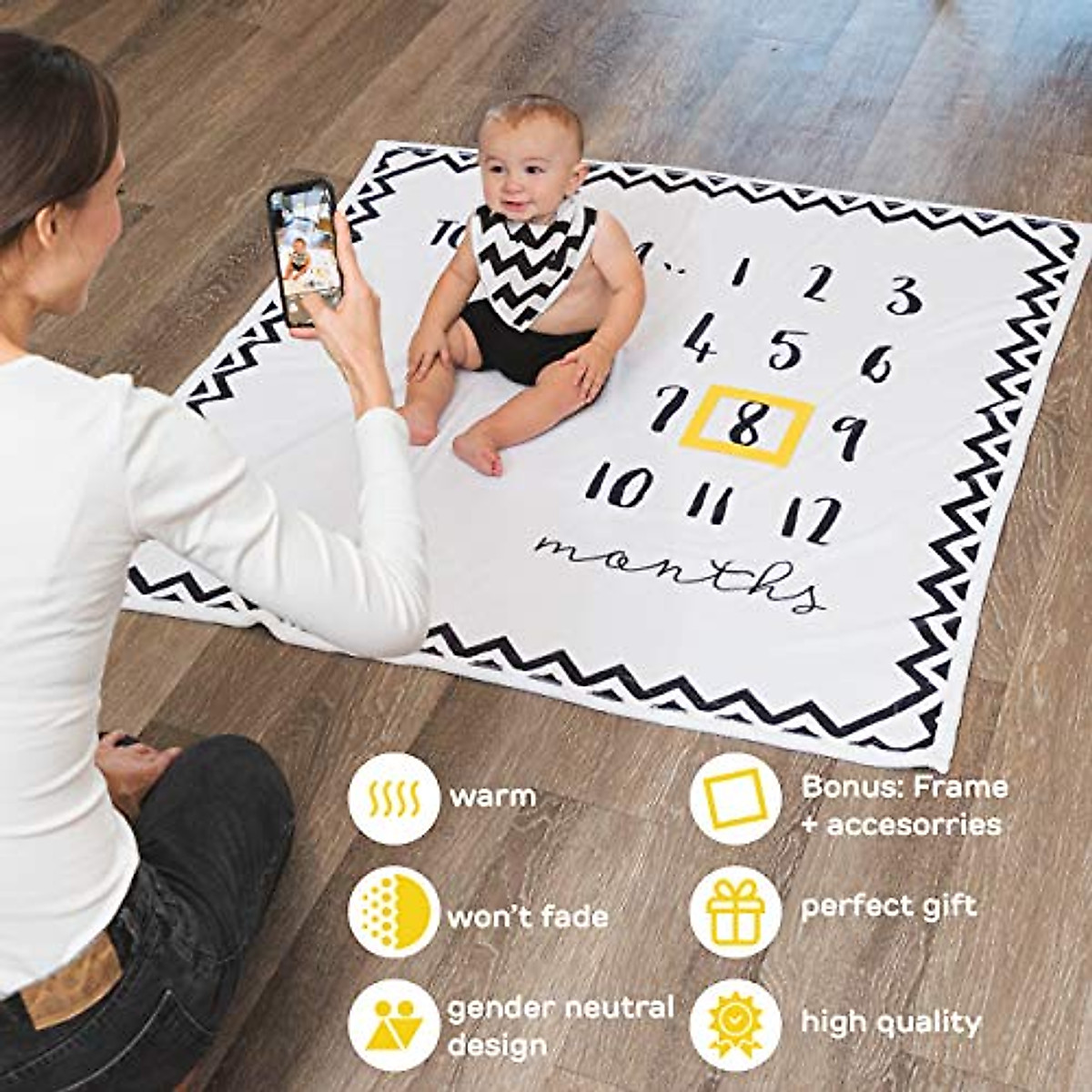 LooliBird Baby Monthly Milestone Blanket - 8 Milestone Cards Number Frame in a Gift Box - Fleece Baby Month Blanket for Baby Pictures - Baby Milestone Blanket Girl or Boy