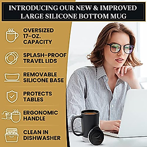 Extra Large Ceramic Coffee Mug w/Lid and Removable Silicone Base - 17 ounce Slideproof Coffee Cups w/Handle and Sip and Cover Lid - Set of 2 Dishwasher Safe Ceramic Travel Mugs - Reusable Black Cup