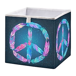 ALAZA Collapsible Storage Cubes Organizer,Peace Sign Made of Colored Bird Feather Storage Containers Closet Shelf Organizer with Handles for Home Office
