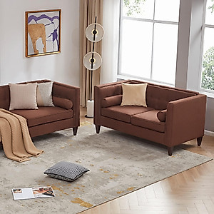 Dreamsir 58Inches Loveseat Sofa, 2 Seater Fabric Sofa Couch with Two Throw Pillows, Solid Wood, Mid Century Modern Couch for Living Room, Small Space, Apartment（Brown） 7097 Linen