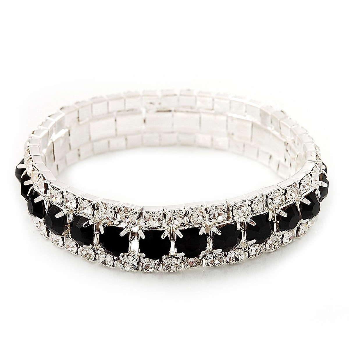 Avalaya Black & Clear Diamante Flex Bracelet (Silver Tone Metal) - 18cm Length