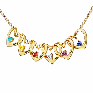BAUMA AUTO Personalized Family Name Necklace with 1-5 Heart Charms for Mother's Day Valentine's Day Custom Mother Name Necklace with Simulated Birthstones for Women, Grandma (06 hearts)