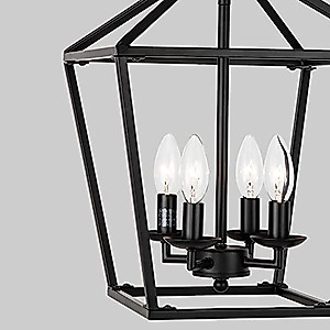 Untrammelife 4-Light Black Lantern Pendant Light, Adjustable Height Square Cage Pendant Hanging Lighting Fixture 11’’ Rustic Lantern Chandelier for Dining Room Kitchen Island Foyer