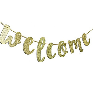 Welcome Gold Glitter Hanging Sign Banner- First Day of School, Classroom, Wedding, House, Home Decor (Gold)
