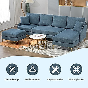 Sudwesto Reversible Sectional Sofa, U-Shape Convertible Sofa Couch, 4-Seat Upholstered Couch with Chaise, Furniture Sets Sectional Couch with Ottoman for Living Room, Apartment, Office (Blue)