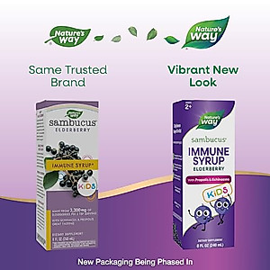Nature's Way Sambucus Elderberry Immune Syrup for Kids Ages 2+, with Echinacea & Propolis, Daily Immune Support*, Vegetarian, Berry Flavored, 8 Fl Oz (Packaging May Vary)