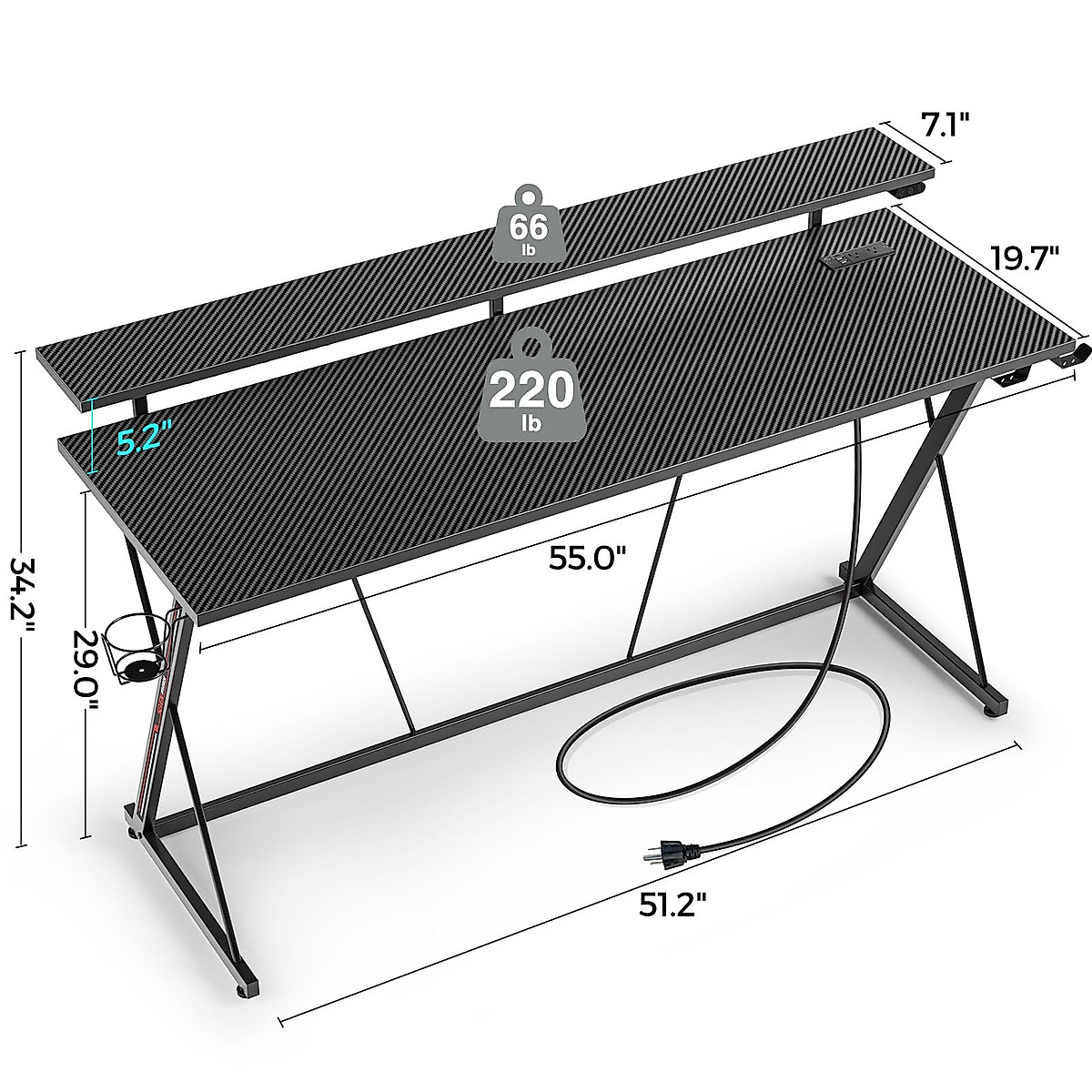 SEVEN WARRIOR Gaming Desk with LED Lights & Power Outlets, 55" Computer Desk with Monitor Shelf, Home Office Desk with Cup Holder and Headphone Hook, Ergonomic, Carbon Fiber Surface Black