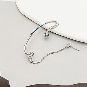Ear Cuff Chain Snake Earring Silver For Women Green Rhinestone Dainty Cute Aesthetic Shiny One Piece Left Ear Snake Earrings Cartilage Clip On Chain Dangly For Women (Silver)