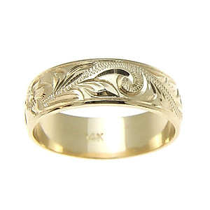 Arthur's Jewelry 14K yellow gold hand engraved Hawaiian plumeria scroll band ring smooth edge 6mm size 7