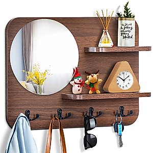 YeadCedle Coat Rack with Shelf Rustic Wooden Wall Mounted Hanging Coat Rack with Mirror Shelf and 4 Double Hooks Decorative Entryway Hook Shelf for Hallway Living Room Bedroom 16"x12" (Brown S)