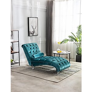 TRIPLE TREE Leisure Concubine Sofa with Acrylic Feet for Adults, Velvet Barrel Sofa with Lumbar Support Pillow, Traditional Design Chaise for Home Living Room, Bedroom, Reading Room, Office, Teal