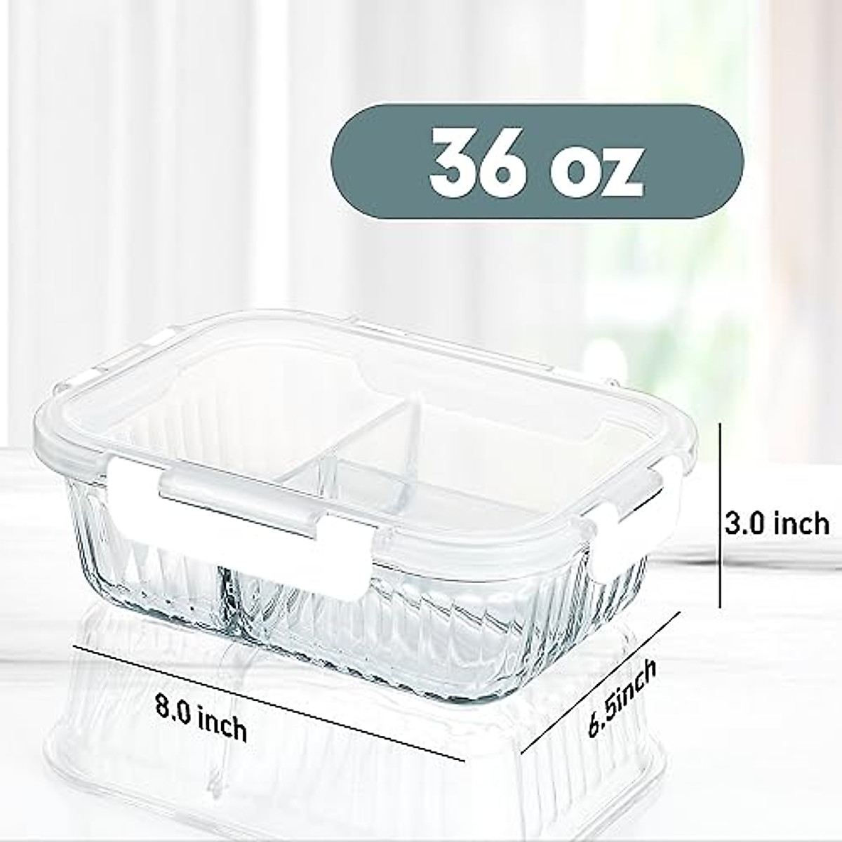 KOMUEE Glass Meal Prep Containers 3 Compartment with lids, 5 Pack 36 oz, Airtight Food Storage Glass Lunch Bento Box, Dishwasher and Microwave Safe,White