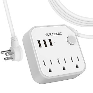 Suraielec 15 FT Long Extension Cord, 3 Outlet Desk Power Strip with USB, 3 USB Ports Small Desktop Charging Station, 45 Degree Flat Plug, Portable for Travel/Home, Indoor, White