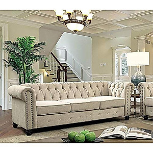 BOWERY HILL 17" Modern Linen Fabric Upholstered Button Tufted Sofa in Beige