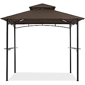 COOSHADE 8'x 5' Grill Gazebo Double Tiered Outdoor BBQ Gazebo Canopy with LED Light (Brown)