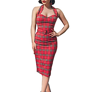 Wenrine Womens Plaid Dress Christmas Xmas Backless Halter Dresses Bodycon Belt Tie Cocktail Party Midi Dress Red